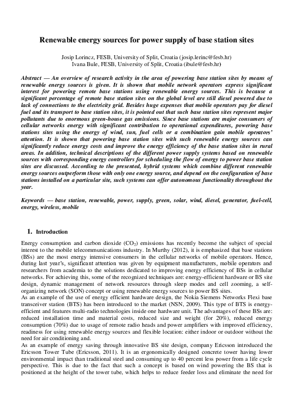 (PDF) Renewable Energy Sources for Power Supply of Base Station Sites