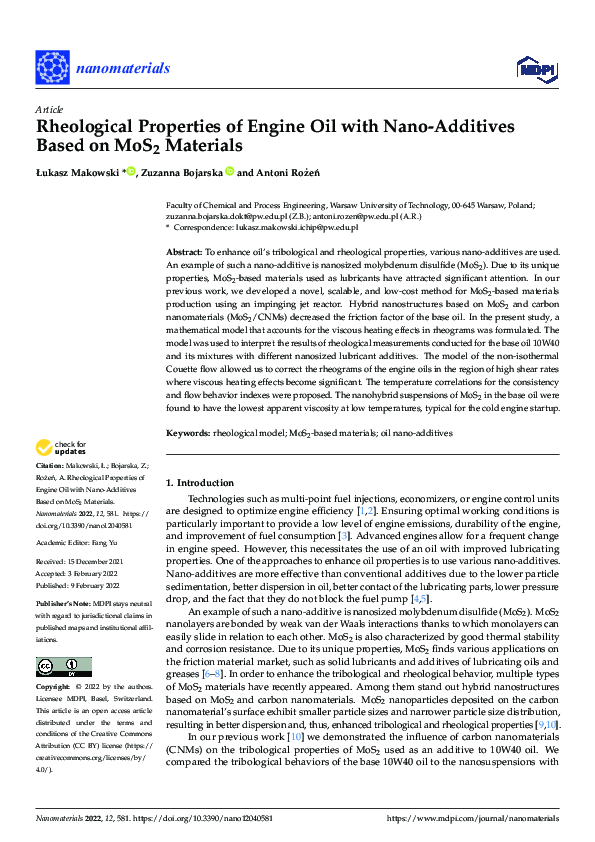 Pdf Rheological Properties Of Engine Oil With Nano Additives Based On
