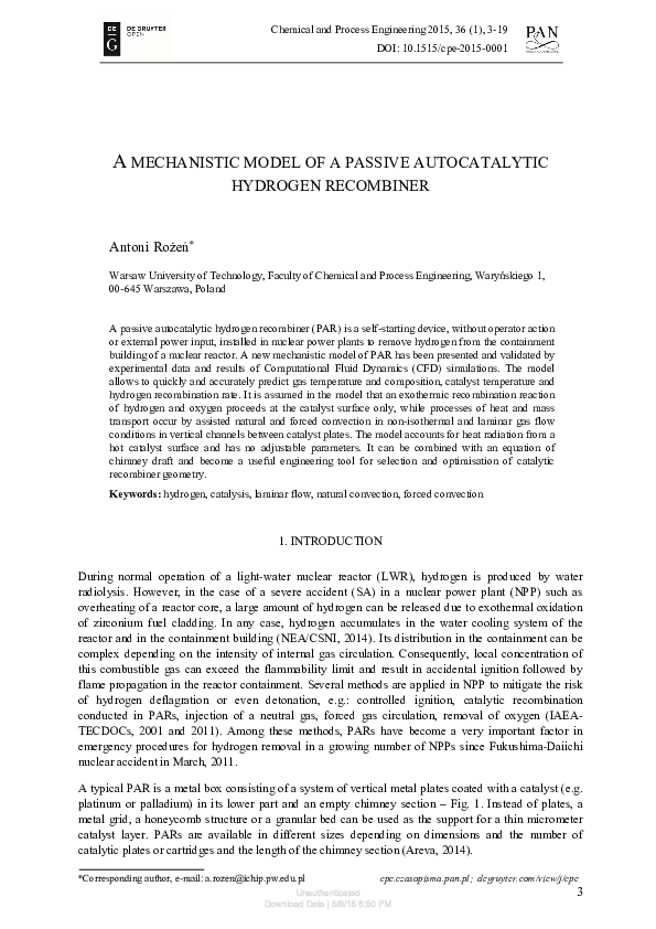 (PDF) A Mechanistic Model of a Passive Autocatalytic Hydrogen Recombiner