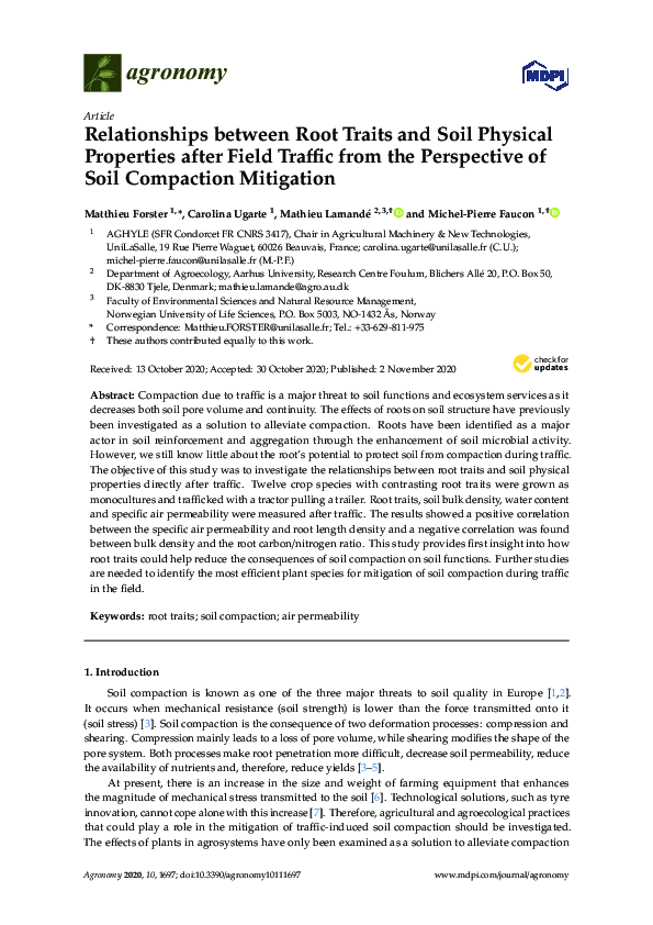 (PDF) Relationships between Root Traits and Soil Physical Properties after Field Traffic from ...