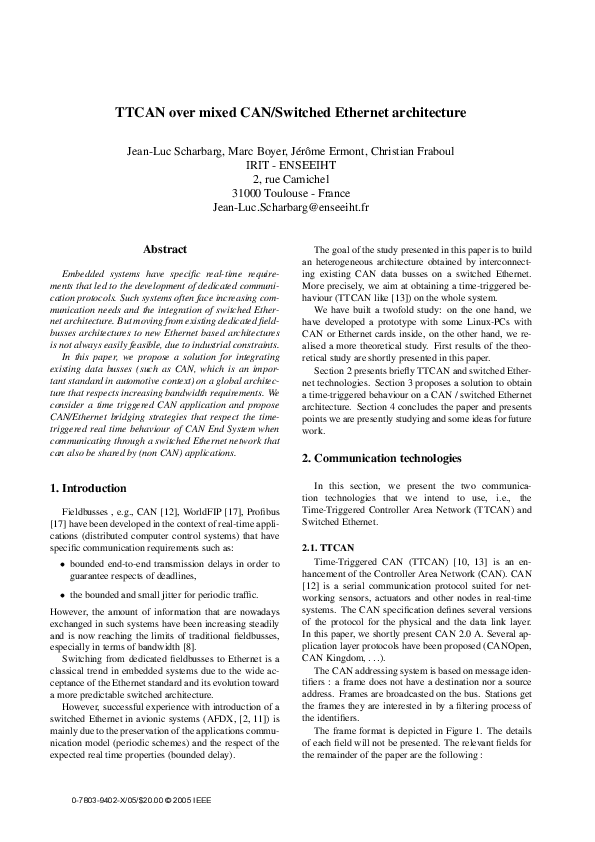 (PDF) TTCAN over mixed CAN/Switched Ethernet architecture