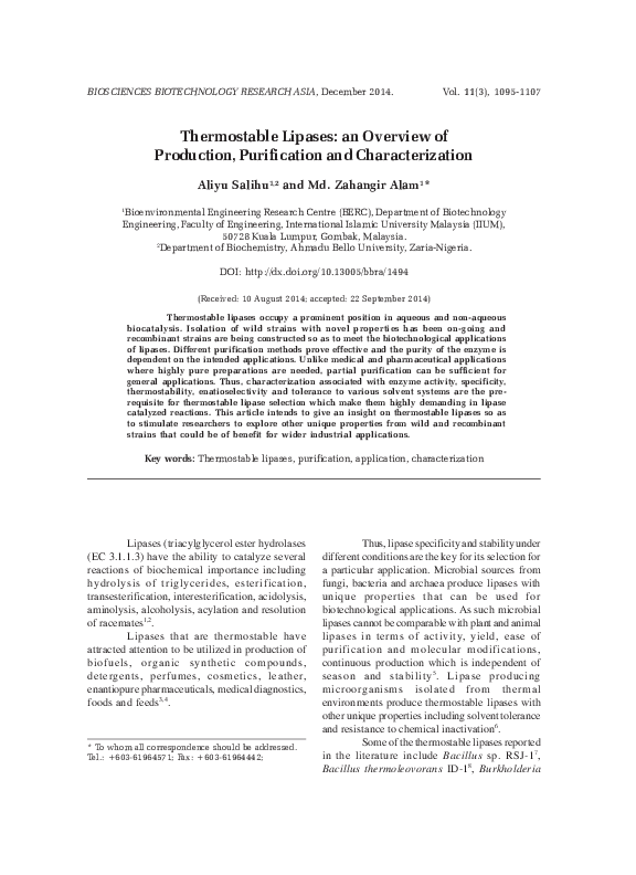 (PDF) Thermostable Lipases: an Overview of Production, Purification and Characterization