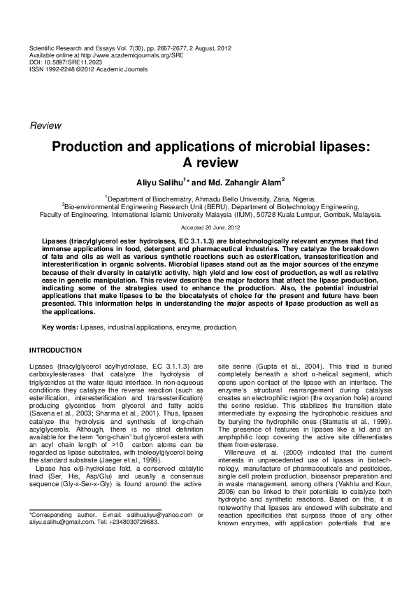(PDF) Production and applications of microbial lipases: A review