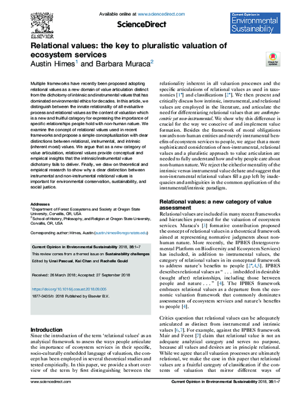 (PDF) Relational values: the key to pluralistic valuation of ecosystem ...