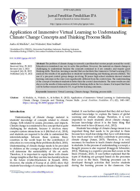 (PDF) Application of Immersive Virtual Learning to Understanding Climate Change Concepts and ...