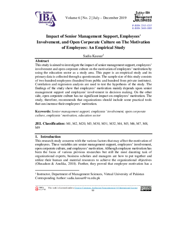 (PDF) Impact of Senior Management Support, Employees' Involvement, and ...