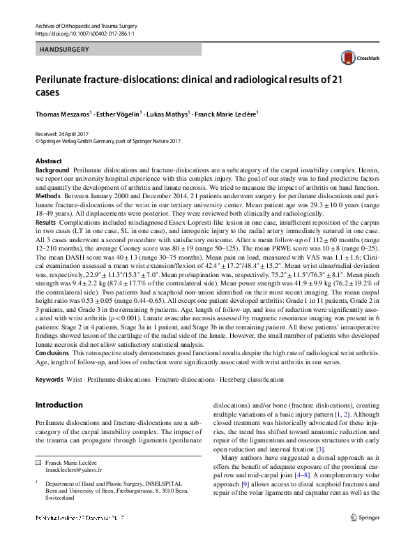 (PDF) Perilunate fracture-dislocations: clinical and radiological results of 21 cases