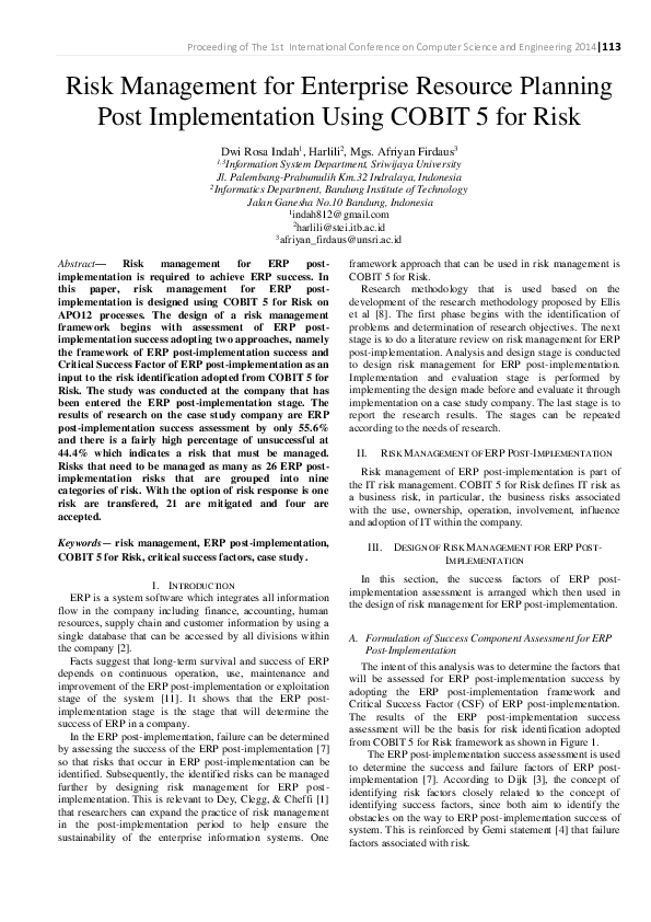 (PDF) Risk Management for Enterprise Resource Planning Post Implementation Using COBIT 5 for Risk