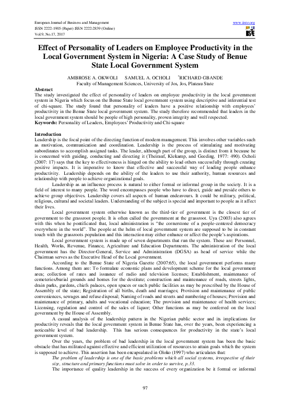 (PDF) Effect of Personality of Leaders on Employee Productivity in the ...