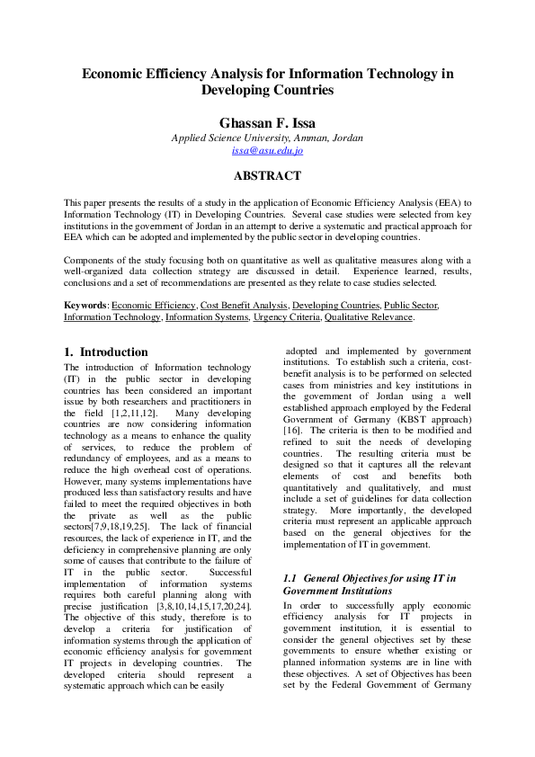(PDF) Economic Efficiency Analysis for Information Technology in Developing Countries | Shakir ...