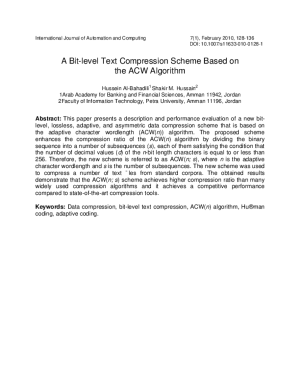 (PDF) A bit-level text compression scheme based on the ACW algorithm
