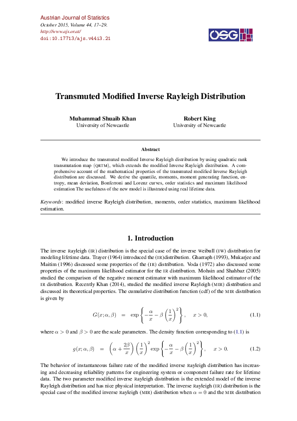 Pdf Transmuted Modified Inverse Rayleigh Distribution Muhammad Shuaib Khan