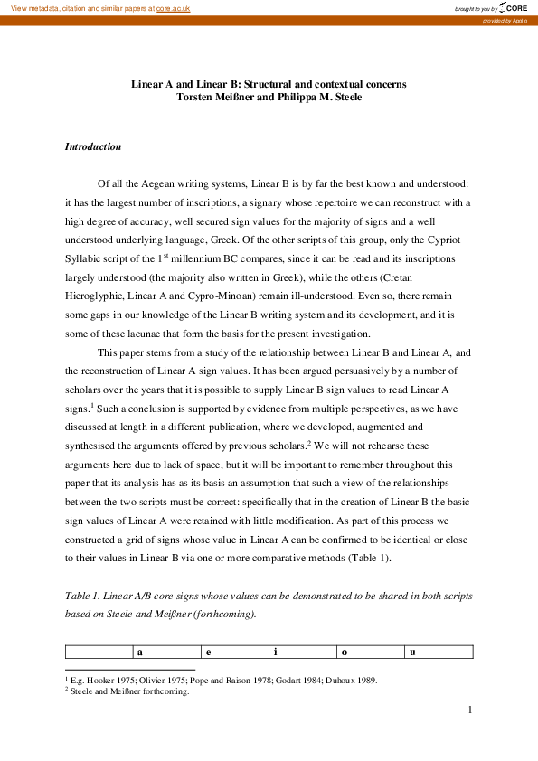 (PDF) Linear A and Linear B: Structural and contextual concerns