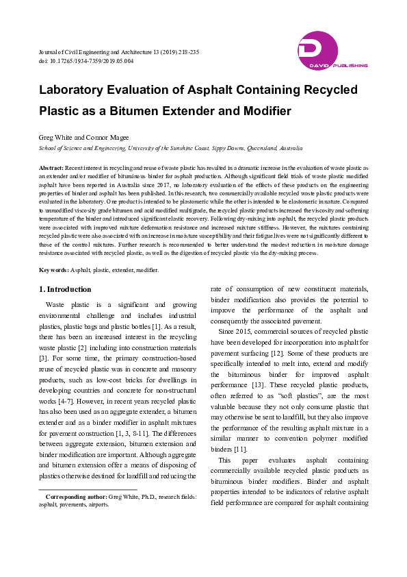 (PDF) The use of recycled plastic as partial replacement of bitumen in ...