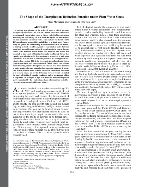 (PDF) The Shape of the Transpiration Reduction Function under Plant ...
