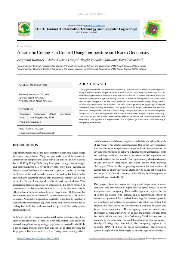 (PDF) Automatic Ceiling Fan Control Using Temperature and Room Occupancy