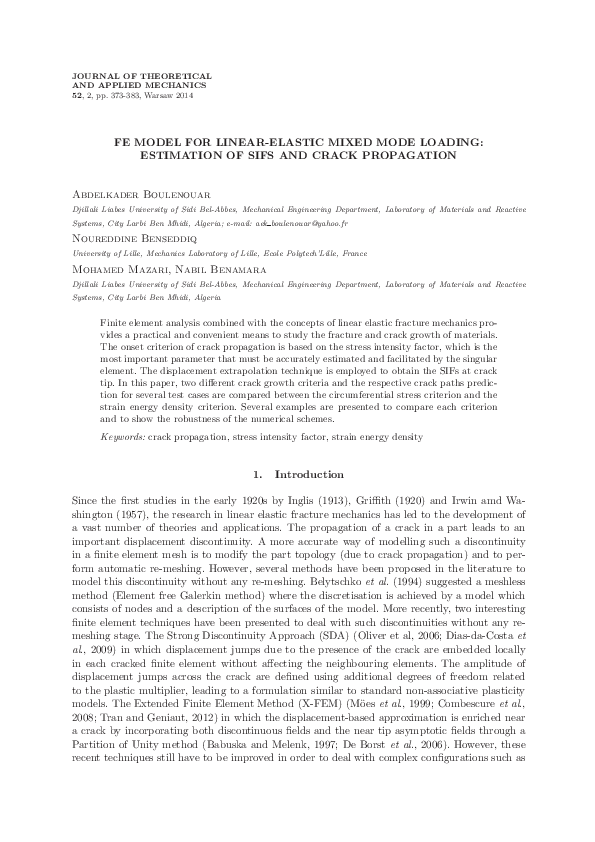 (PDF) FE model for linear-elastic mixed mode loading: estimation of SIFs and crack propagation