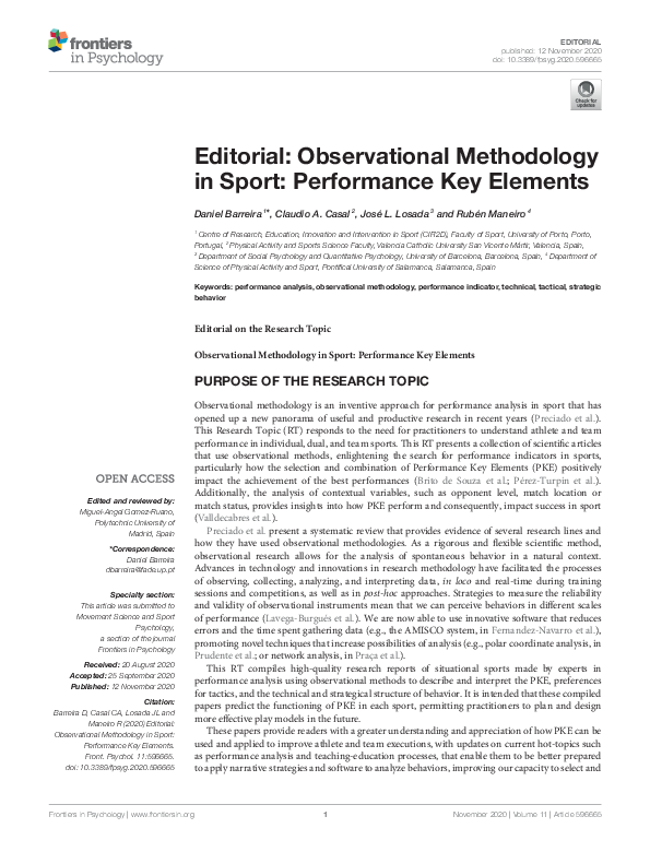 (PDF) Editorial: Observational Methodology in Sport: Performance Key ...