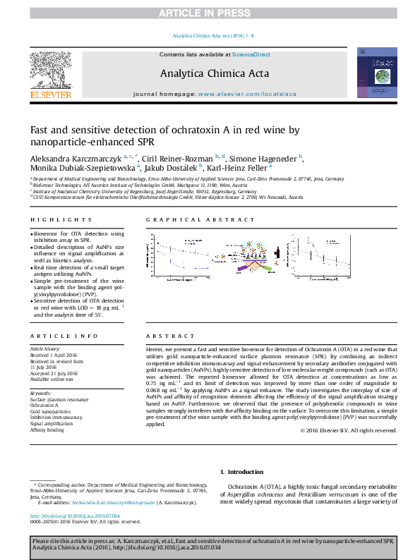 (PDF) Fast and sensitive detection of ochratoxin A in red wine by nanoparticle-enhanced SPR