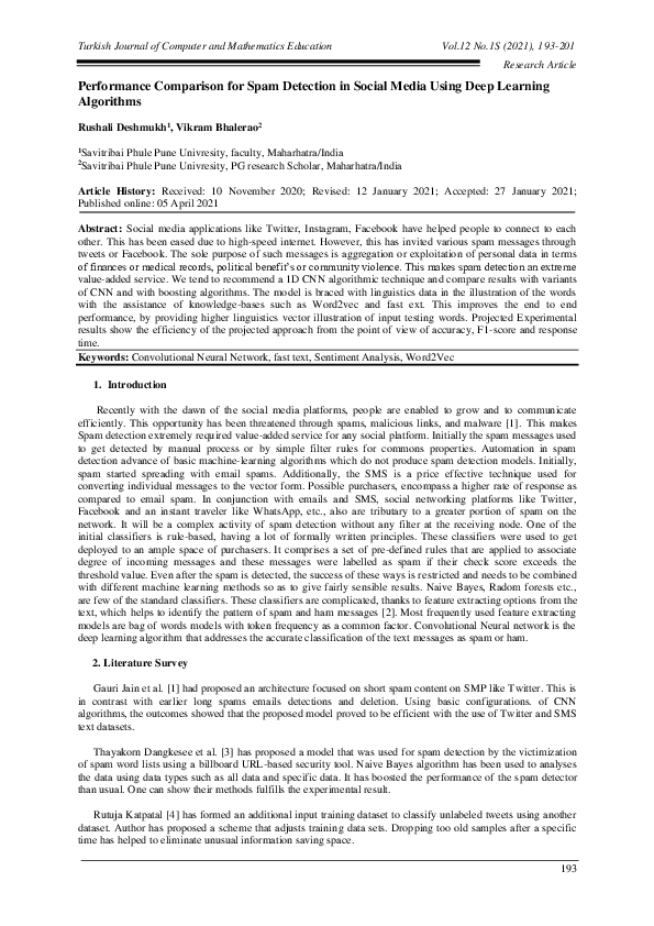 Pdf Performance Comparison For Spam Detection In Social Media Using Deep Learning Algorithms 0908