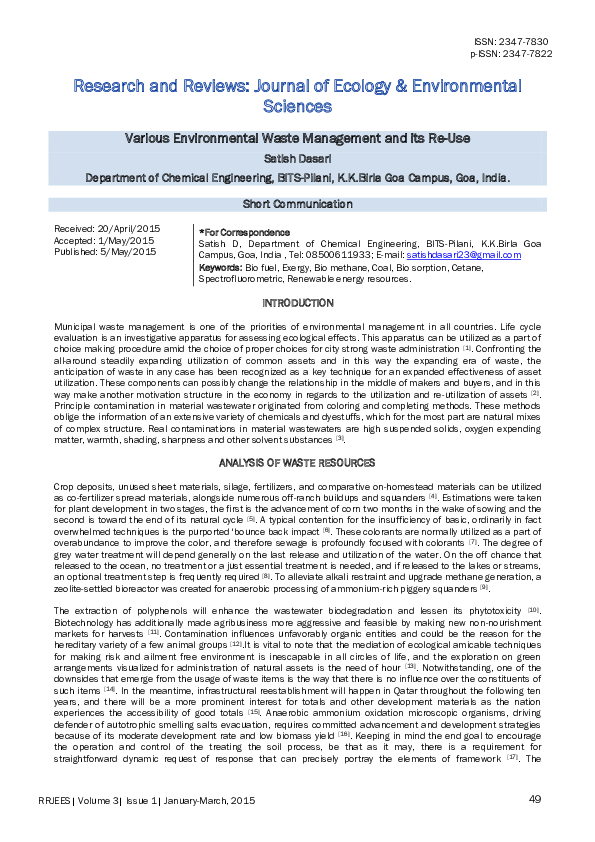 (PDF) Various Environmental Waste Management and its Re-Use