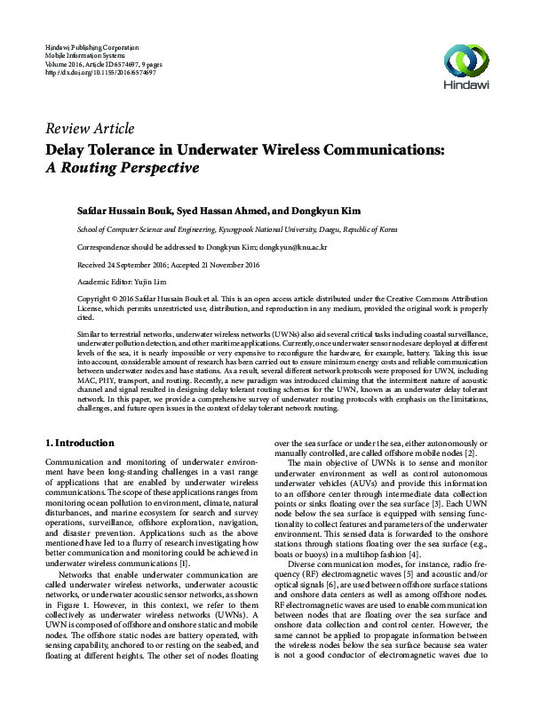 (PDF) Delay Tolerance in Underwater Wireless Communications: A Routing Perspective