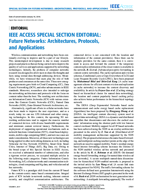 Pdf Ieee Access Special Section Editorial Future Networks Architectures Protocols And