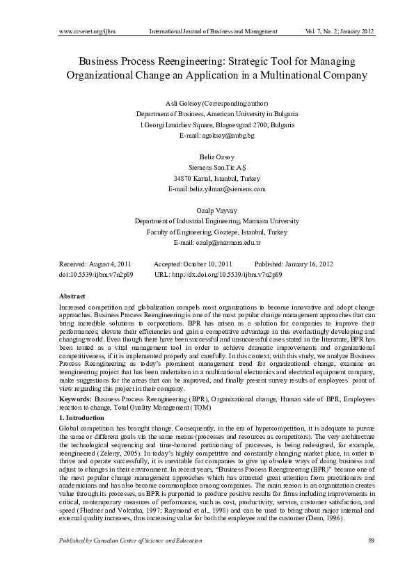 (PDF) Business Process Reengineering: Strategic Tool for Managing ...