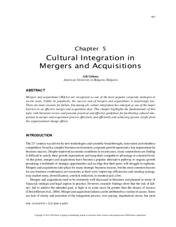 Pdf Cultural Integration In Mergers And Acquisitions