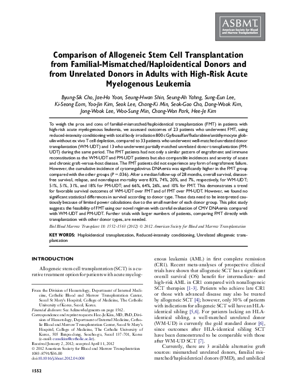 (PDF) Comparison of Allogeneic Stem Cell Transplantation from Familial ...
