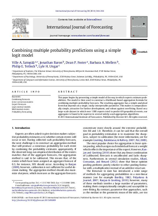 (PDF) Combining multiple probability predictions using a simple logit model | Barbara Mellers ...