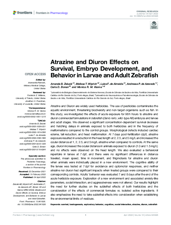 (PDF) Atrazine and Diuron Effects on Survival, Embryo Development, and Behavior in Larvae and ...