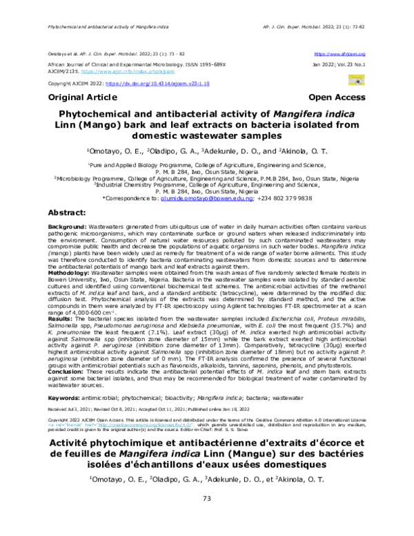 (PDF) Phytochemical and antibacterial activity of Mangifera indica Linn (Mango) bark and leaf ...