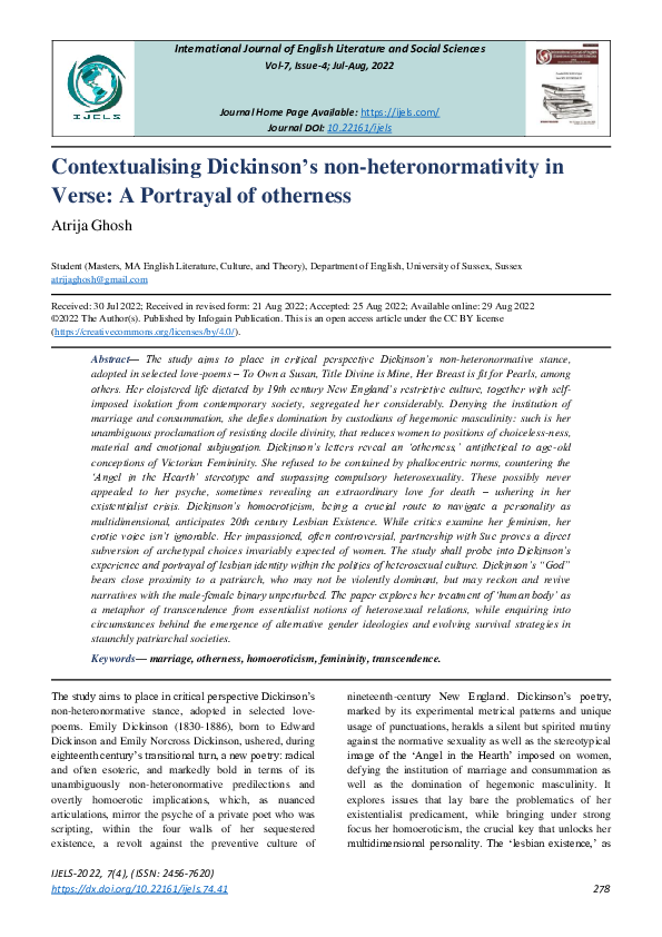 (PDF) Contextualising Dickinson's non-heteronormativity in Verse: A ...