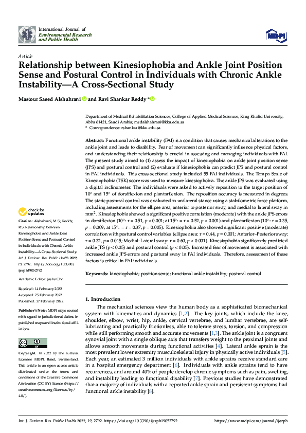 (PDF) Relationship between Kinesiophobia and Ankle Joint Position Sense and Postural Control in ...