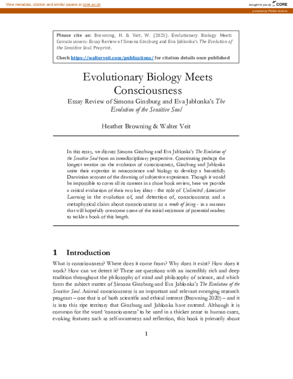 (PDF) Evolutionary Biology Meets Consciousness Preprint