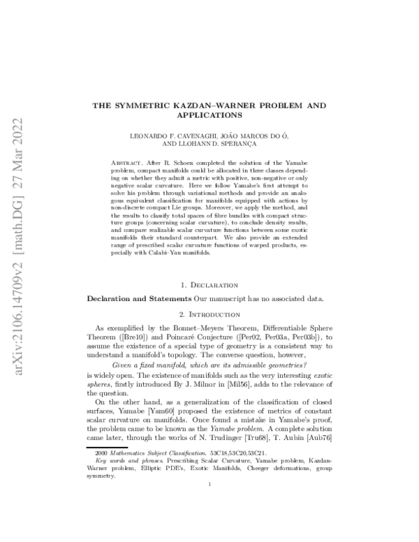 (PDF) The Symmetric Kazdan–warner Problem and Applications