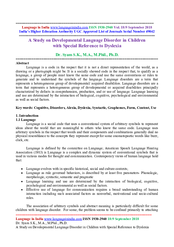 (DOC) Developmental Language Disorder and Dyslexia