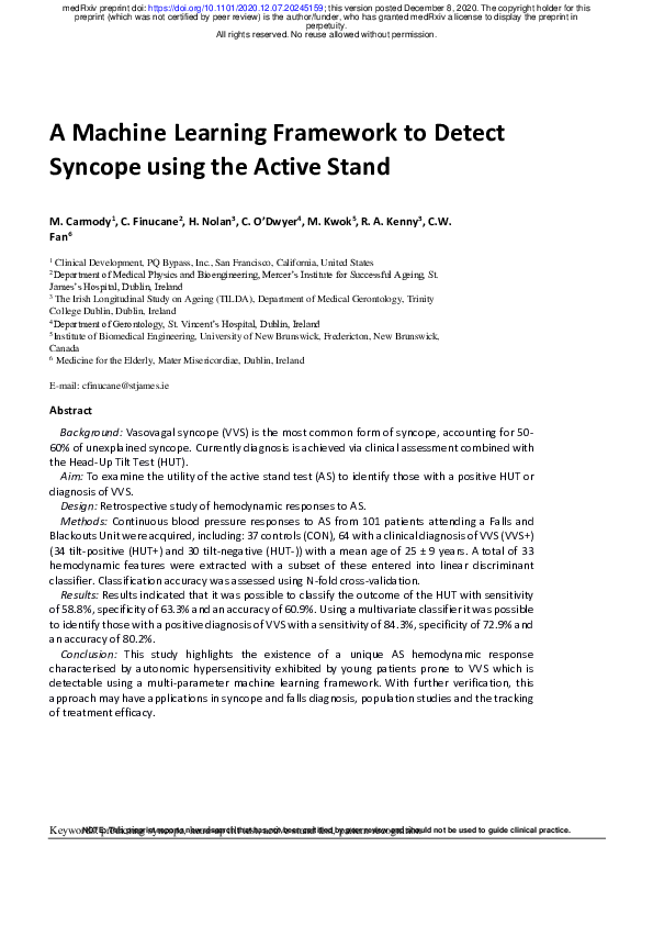 (PDF) A machine learning framework to detect syncope using the active stand