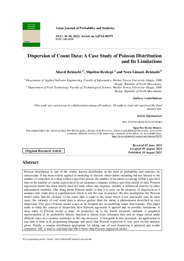(PDF) Dispersion of Count Data: A Case Study of Poisson Distribution and Its Limitations