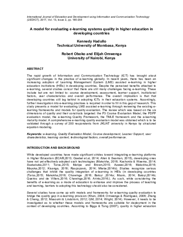 (PDF) A Model for Evaluating E-Learning Systems Quality in Higher Education in Developing Countries