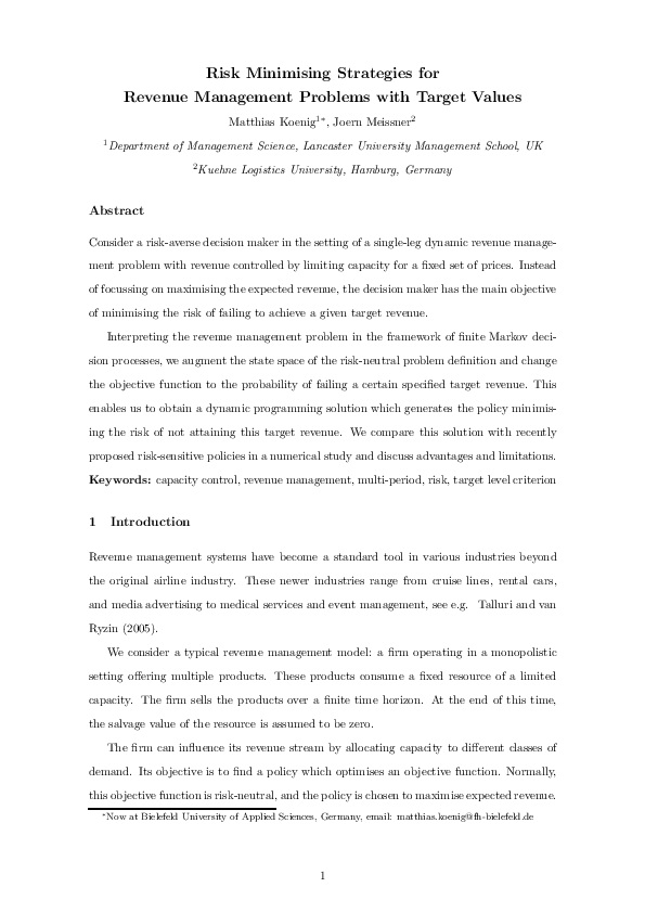 (PDF) Risk minimising strategies for revenue management problems with ...