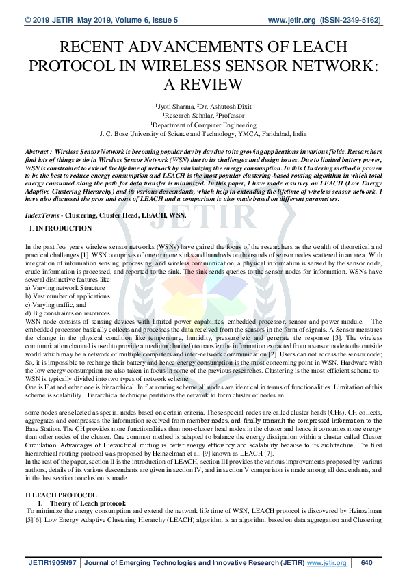 (PDF) RECENT ADVANCEMENTS OF LEACH PROTOCOL IN WIRELESS SENSOR NETWORK: A REVIEW 1