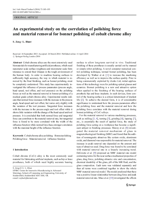 (PDF) Polishing Forces and Material Removal in Cobalt Chrome