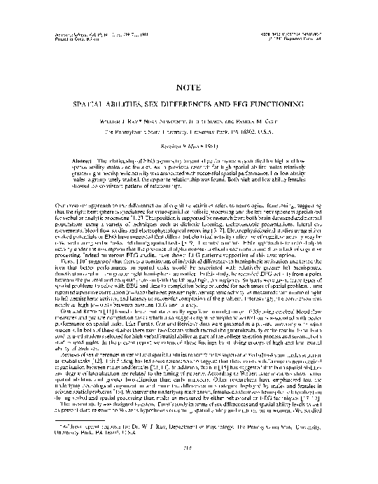 Pdf Spatial Abilities Sex Differences And Eeg Functioning