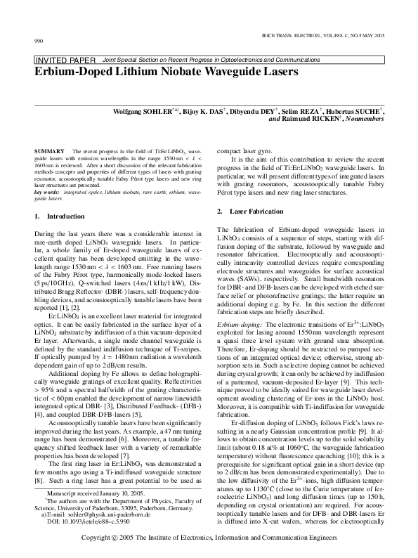 (PDF) Erbium-Doped Lithium Niobate Waveguide Lasers