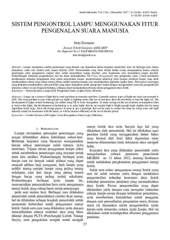(PDF) Sistem Pengontrol Lampu Menggunakan Fitur Pengenalan Suara Manusia