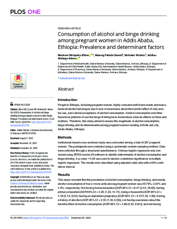 (PDF) Consumption of alcohol and binge drinking among pregnant women in Addis Ababa, Ethiopia ...