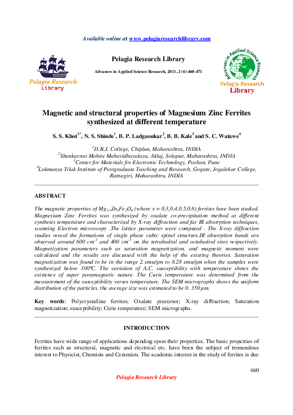 (PDF) Magnetic and structural properties of Magnesium Zinc Ferrites ...