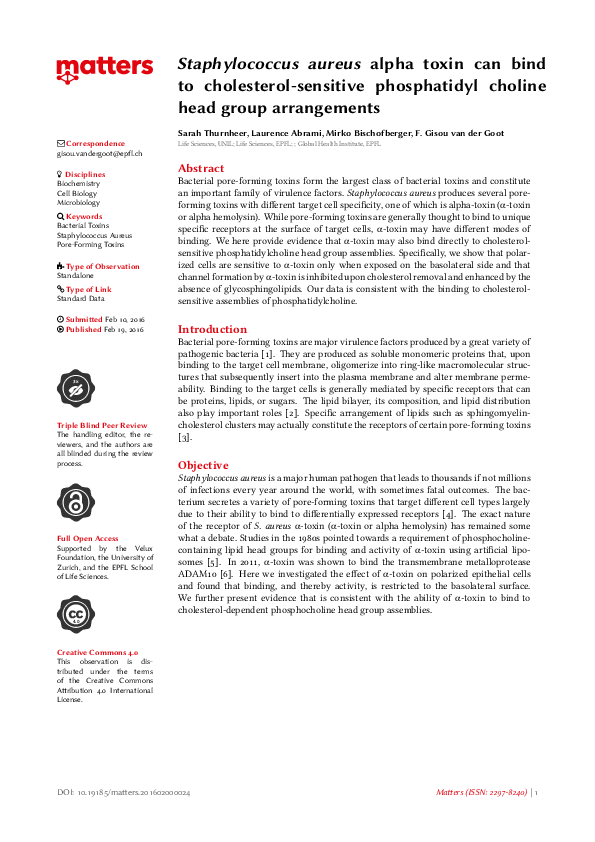 (PDF) Staphylococcus aureus alpha toxin can bind to cholesterol-sensitive phosphatidyl choline ...
